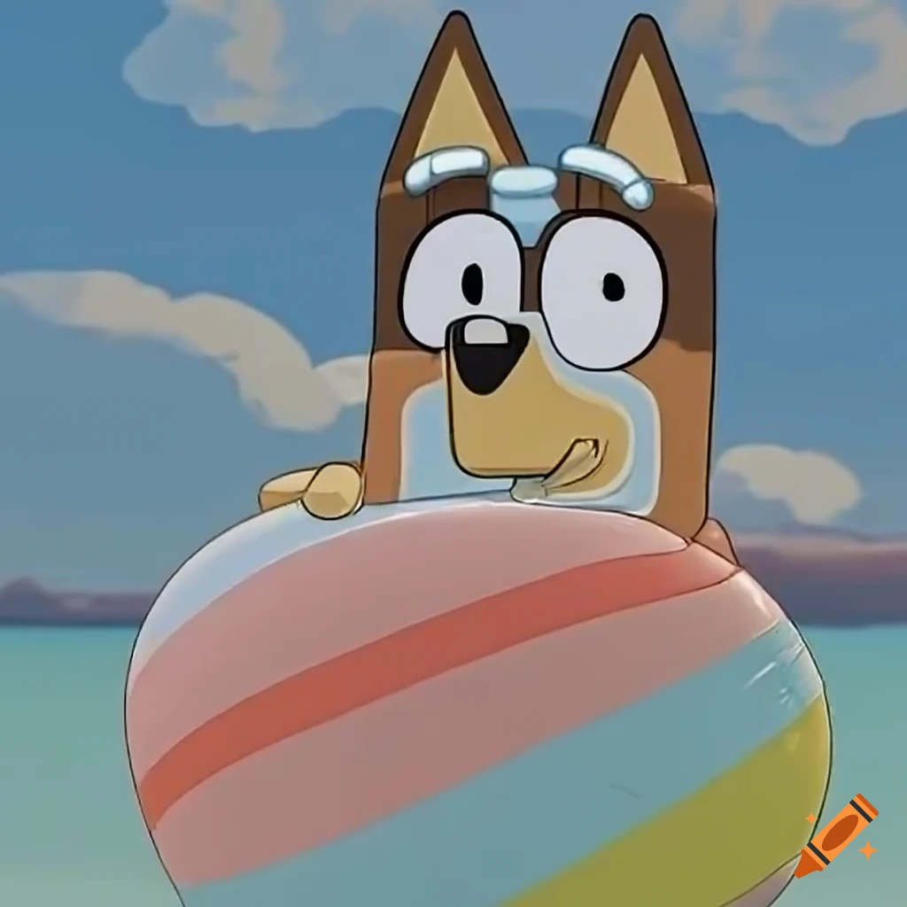 Bluey in an inflatable beach ball suit on Craiyon