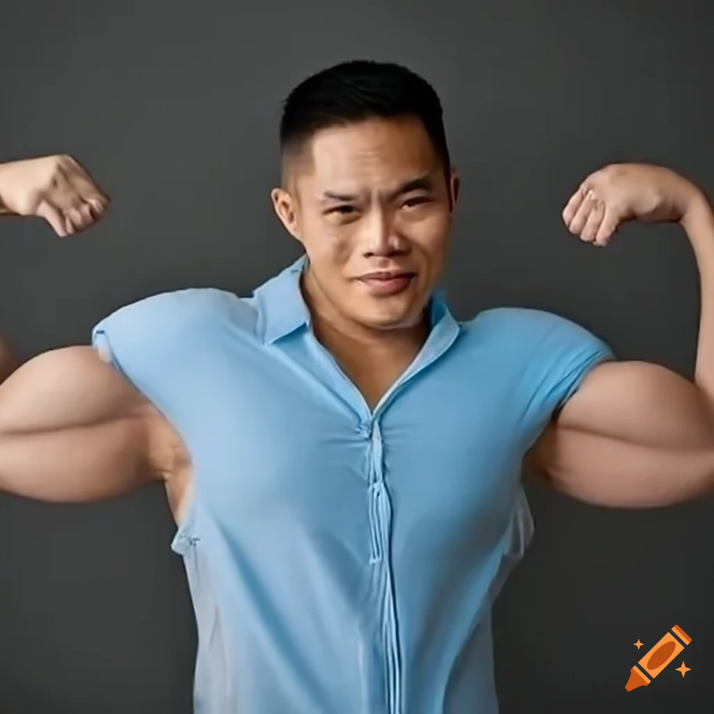 Filipino american man flexing muscles in a light blue shirt on Craiyon