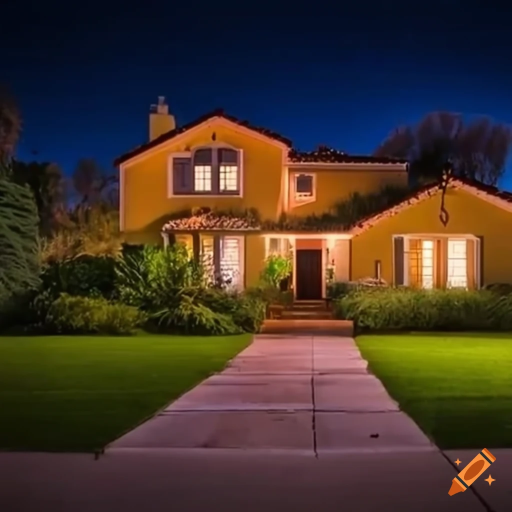 California style house at night with front yard on Craiyon