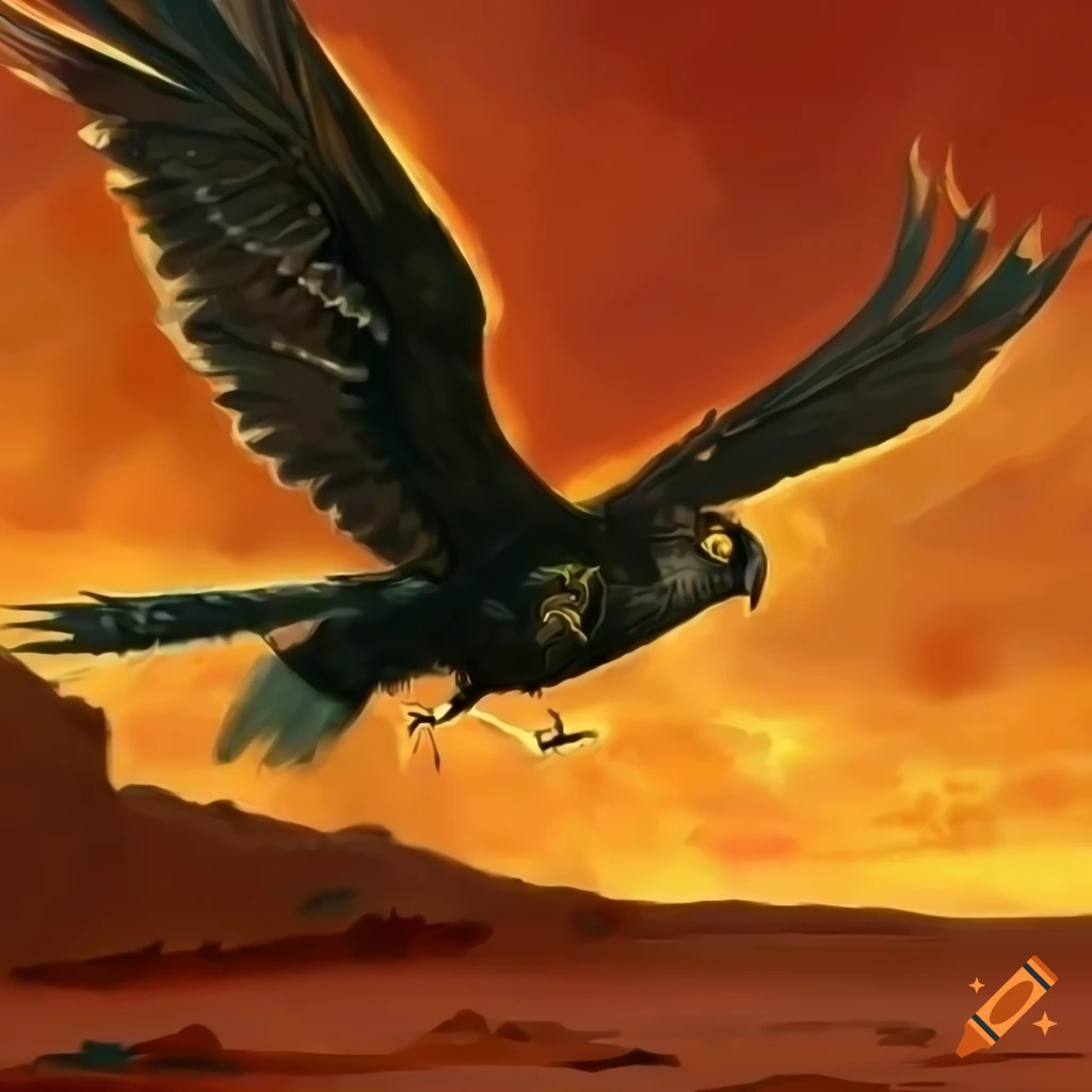 Mechanical hawk flying over the desert in a fantasy art style on Craiyon