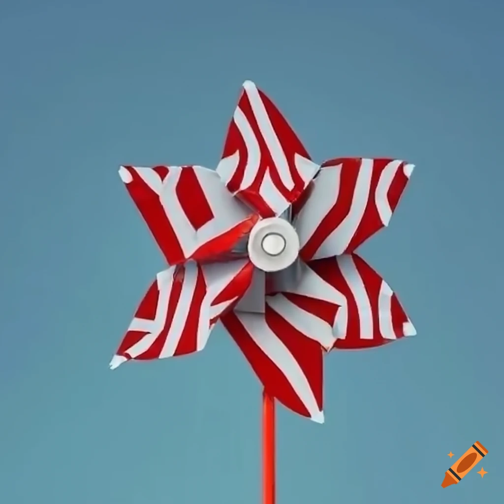 Red and white striped pinwheel spinning under blue sky and trees on Craiyon