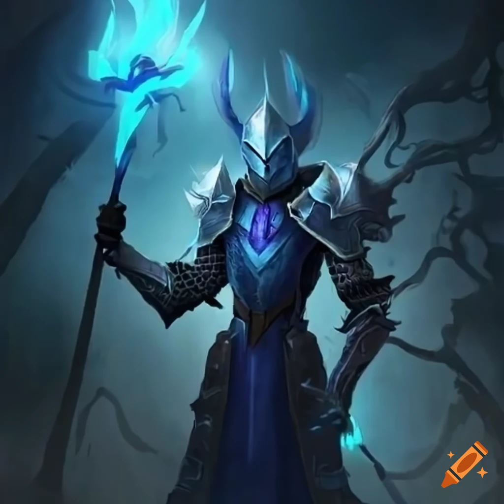 Blue armored knight wizard with squid helm and crystal rod in a cave on ...