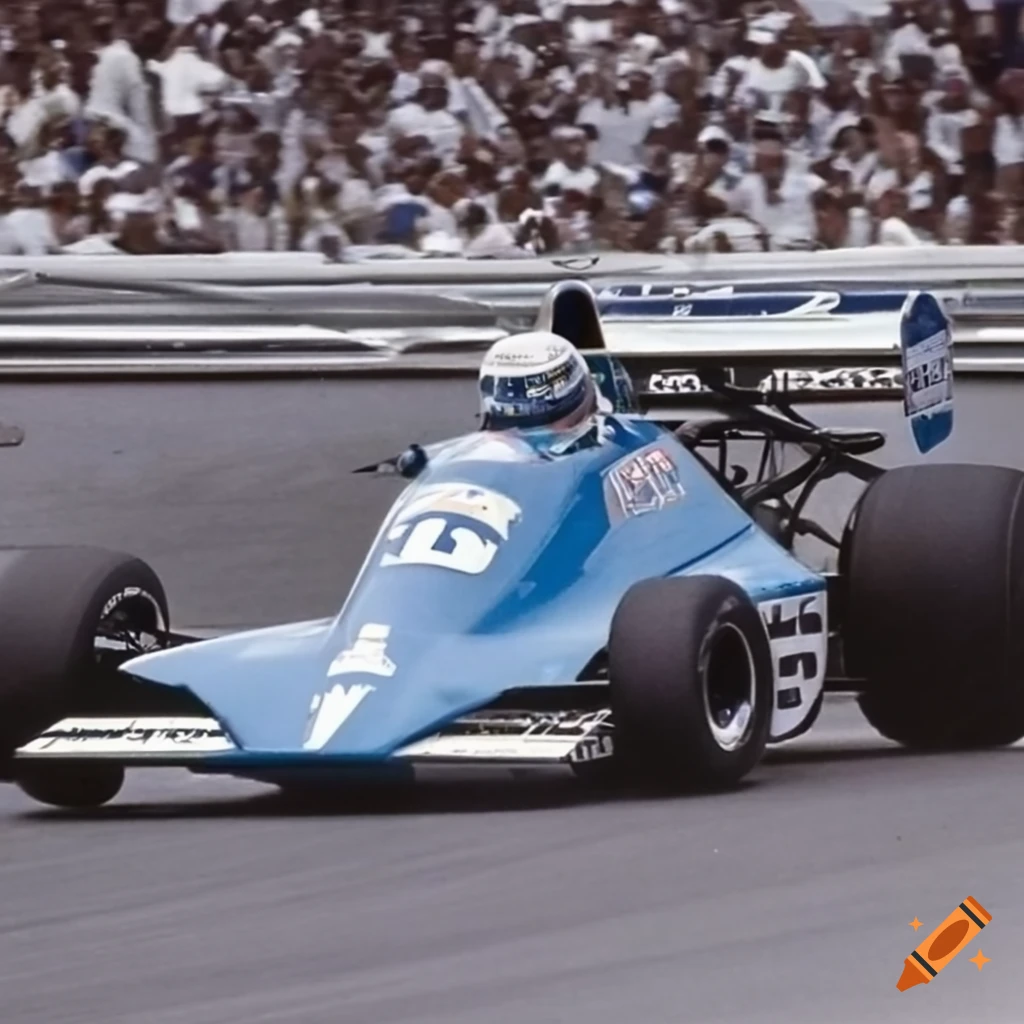 Blue sponsored f1 car racing in the 1980s on Craiyon