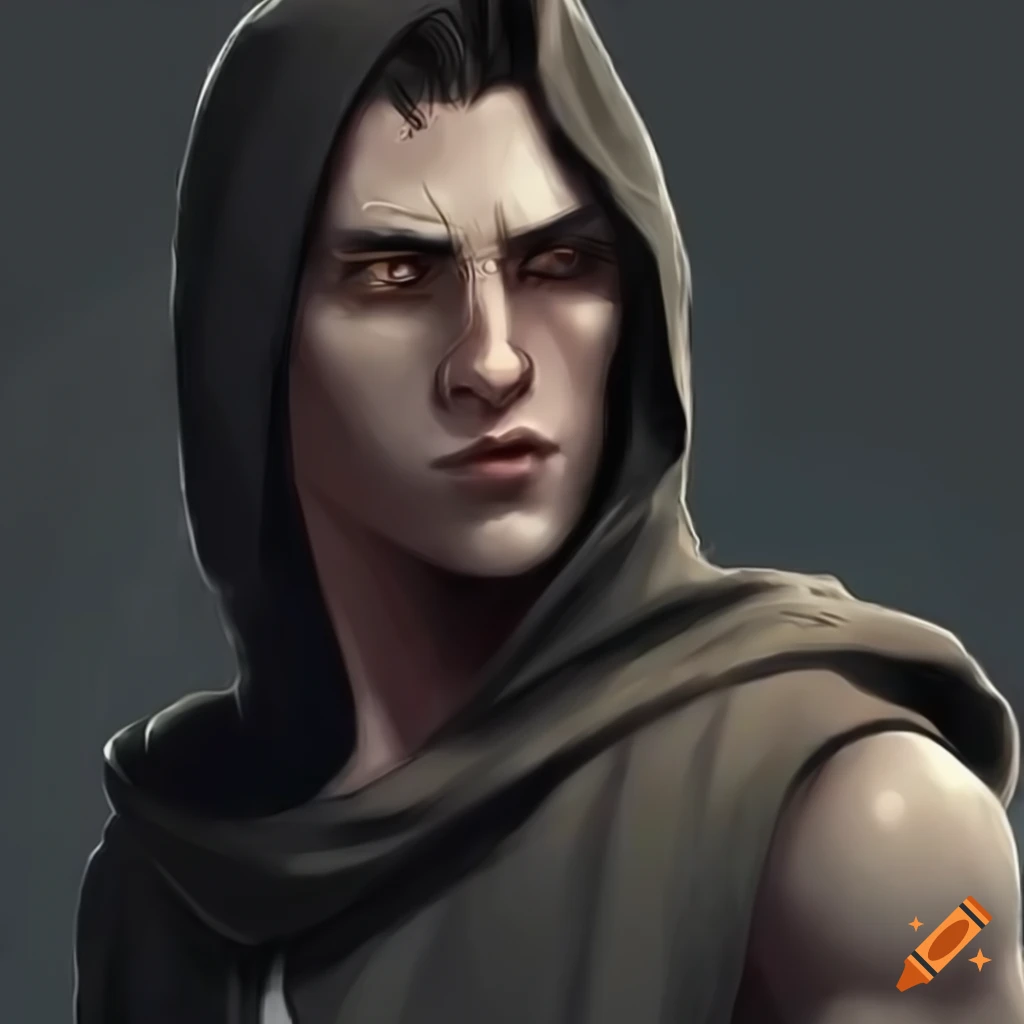 Rogue character with black hair and yellow eyes in hooded attire on Craiyon