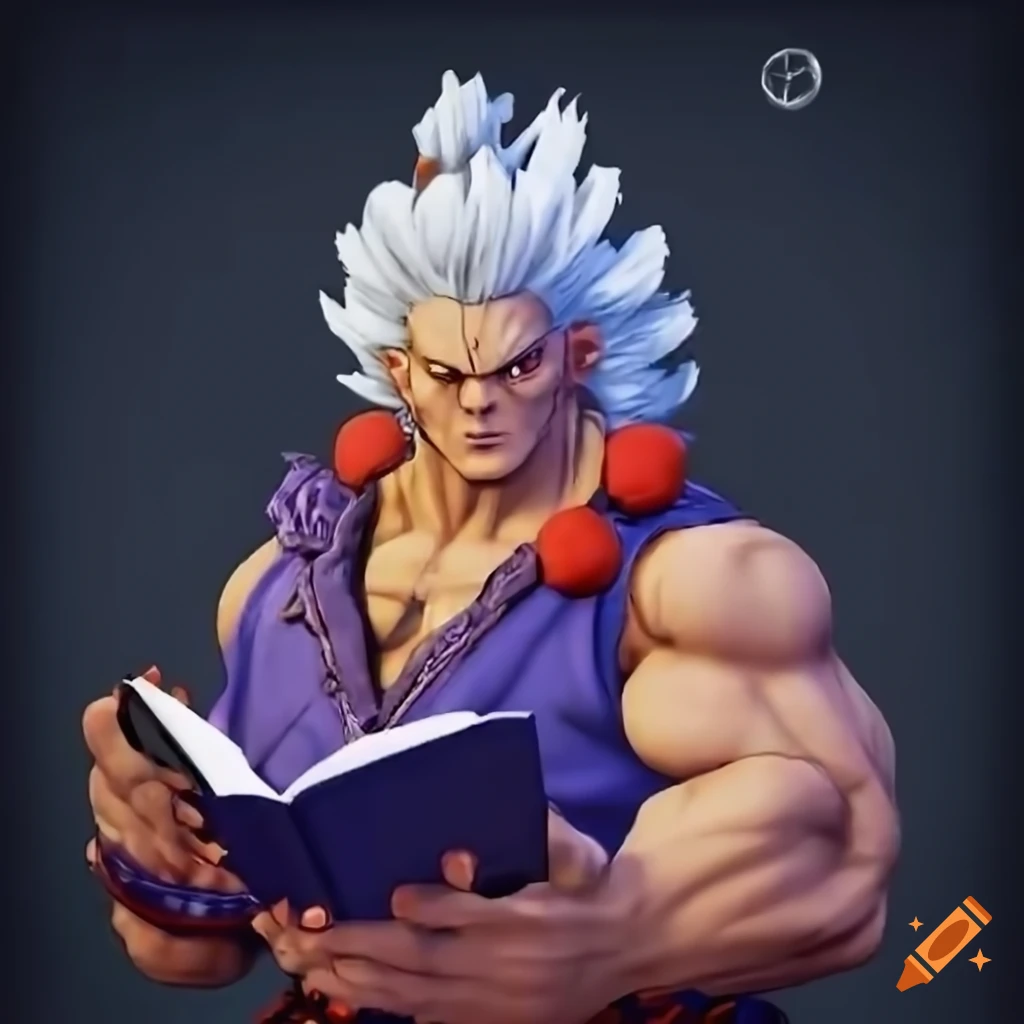 Akuma from Street Fighter V reading a book with white hair and glasses ...