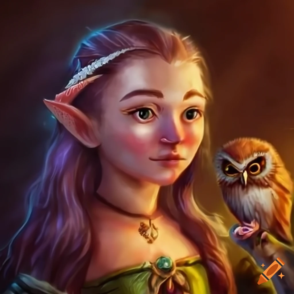 Magical scene featuring an owl, an elf, and a dwarf on Craiyon
