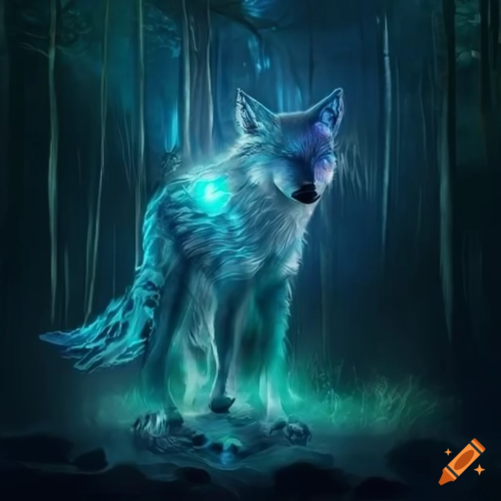 Radiant crystalline wolf in a mystical forest on Craiyon