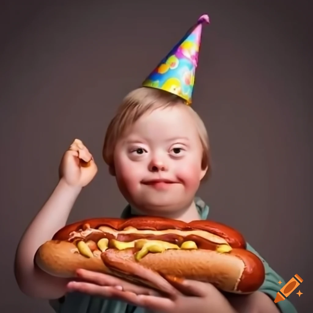 Child with down syndrome enjoying a hot dog at a birthday party on Craiyon