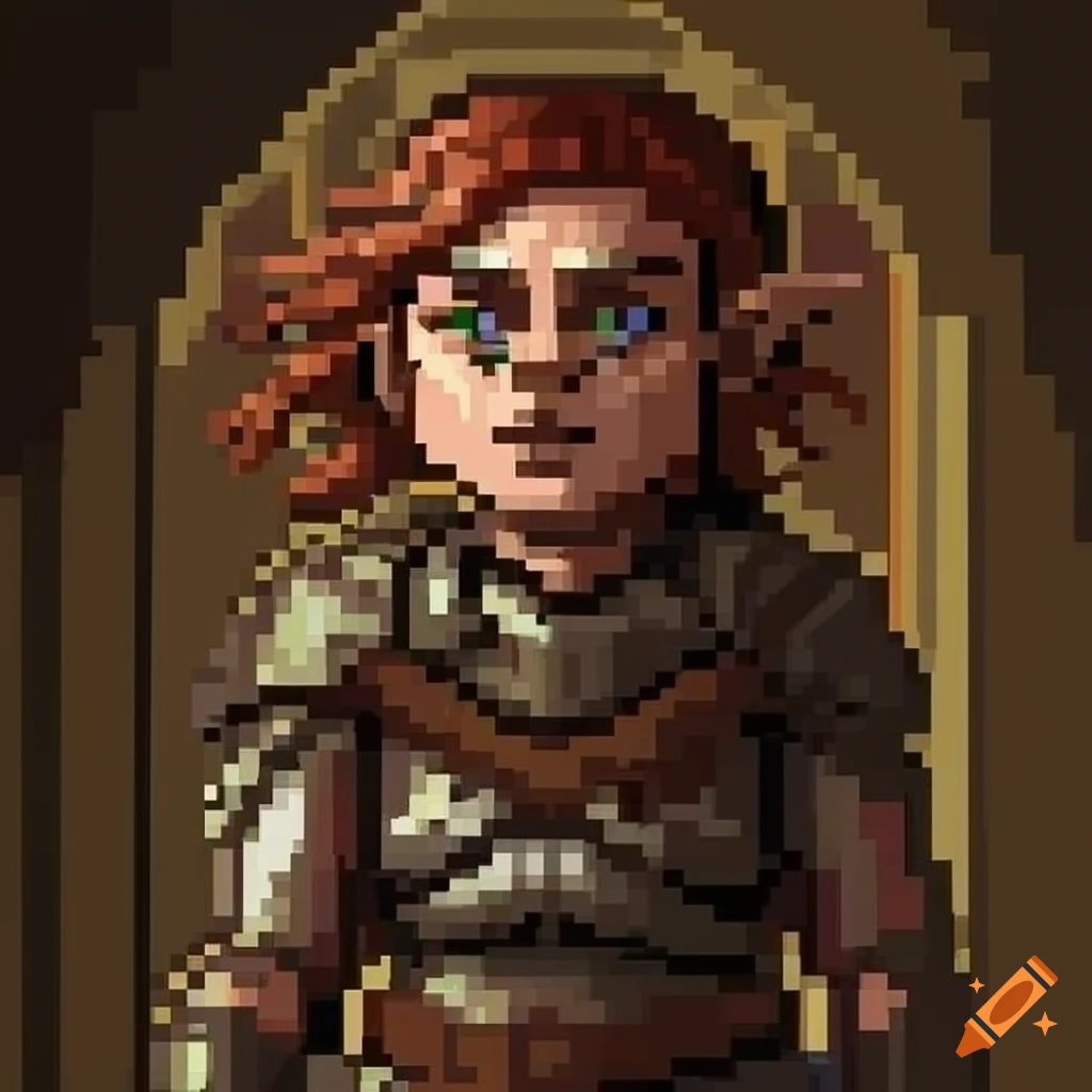 Pixel art halfling rogue in leather armor crouching in a medieval ...