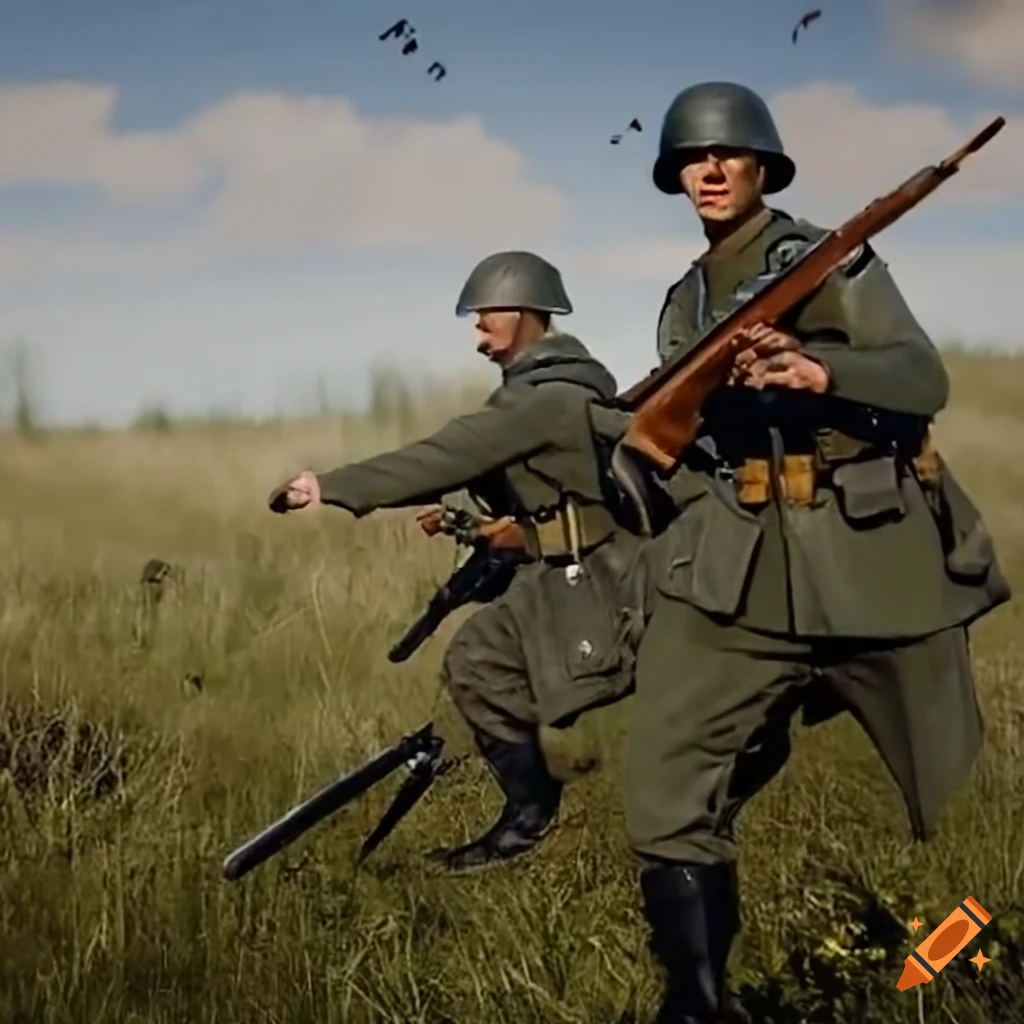 Ww2 german soldiers advancing with determination amidst bombings and ...