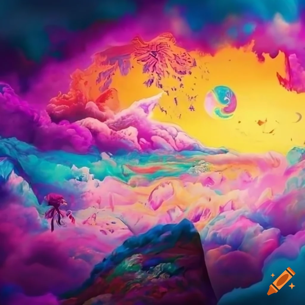 Surreal landscape with colorful clouds and ethereal creatures on Craiyon
