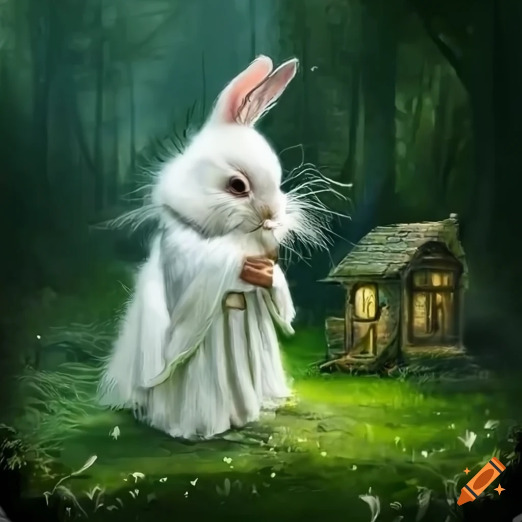 Enchanted forest with wise old white rabbit and quaint cottage on Craiyon