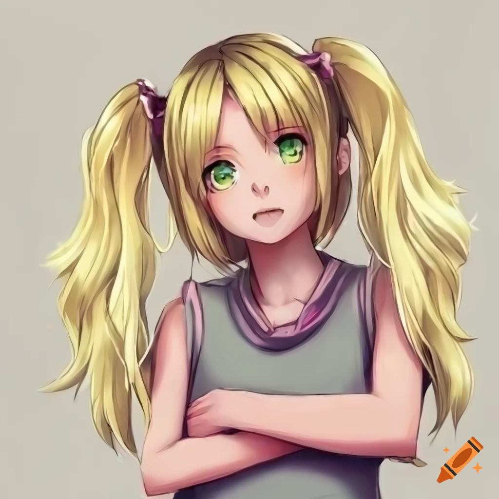 Anime Girl With Blonde Hair And Green Eyes In A Light Pink Sleeveless T Shirt With Arms Crossed