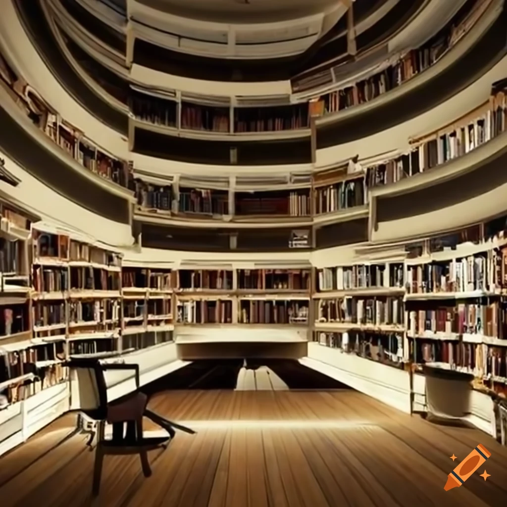 Futuristic university library with books, computers, and reading areas ...