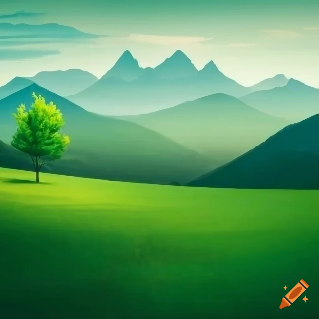 Simple landscape with trees, green grass, and distant mountains on Craiyon