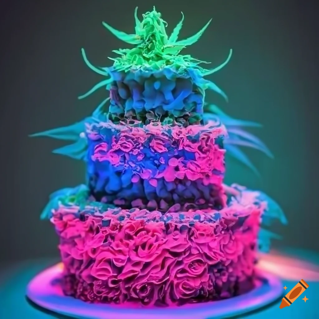 Colorful neon art of a cannabis bud infusing with a cake on Craiyon