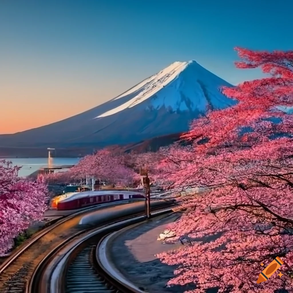 Shinkansen bullet train passing by Mount Fuji and Shibazakura in spring on Craiyon