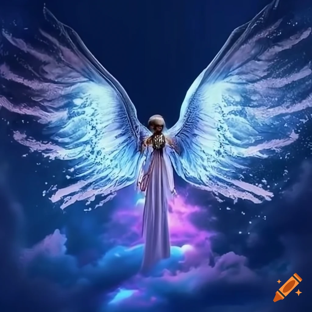 Angel with butterfly wings in a sky overlooking a golden city on Craiyon