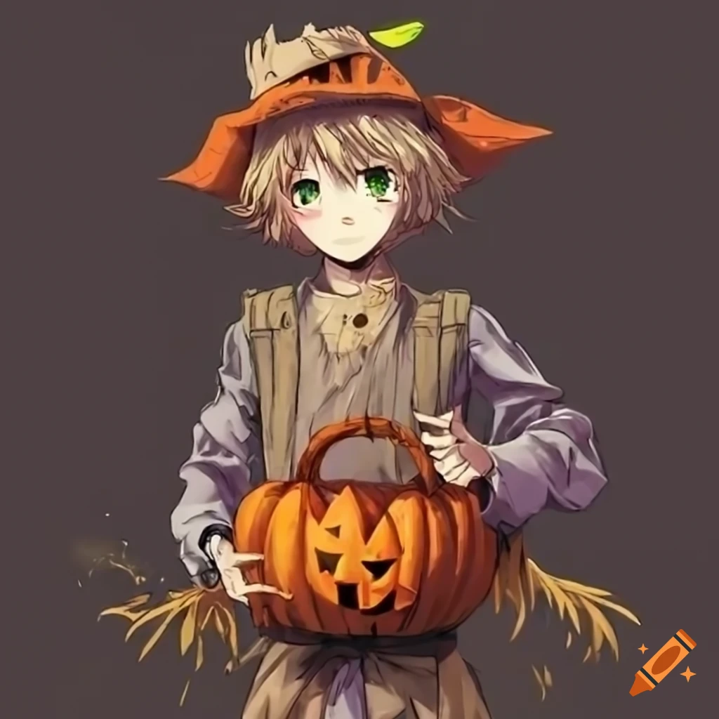 Halloween scarecrow boy with a pumpkin basket in anime style on Craiyon