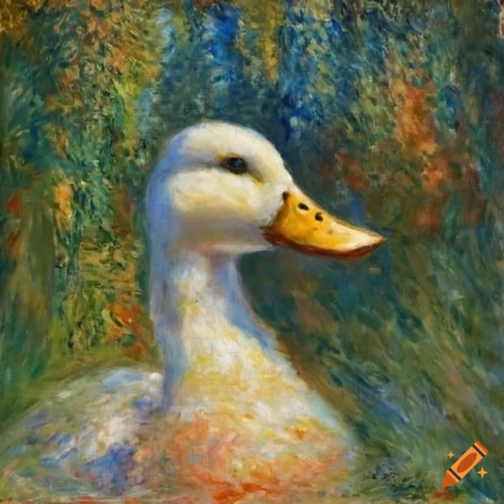 Monet painting of a runner duck with a ribbon in a victorian garden on ...