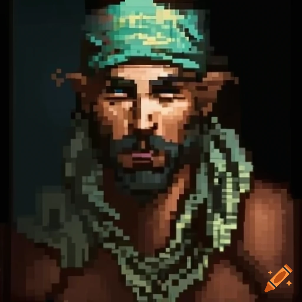 Fantasy character man with bandana and goatee in pixel art style on Craiyon
