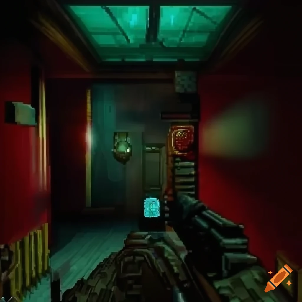 Retro fps game with dehacked engine in pixel art style on Craiyon