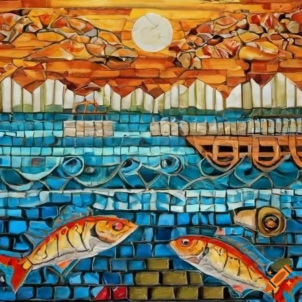 Mosaic tiles mural art of a fish farm in traditional style on Craiyon
