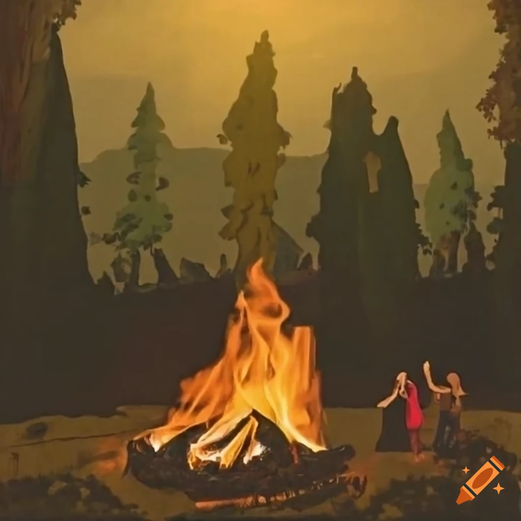 Two people standing in a meadow with a green tree and tall campfire ...