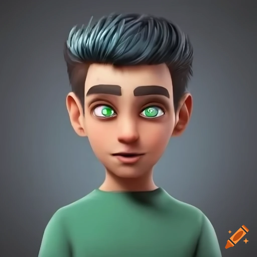 Manly character with short dark hair and green eyes in action on Craiyon