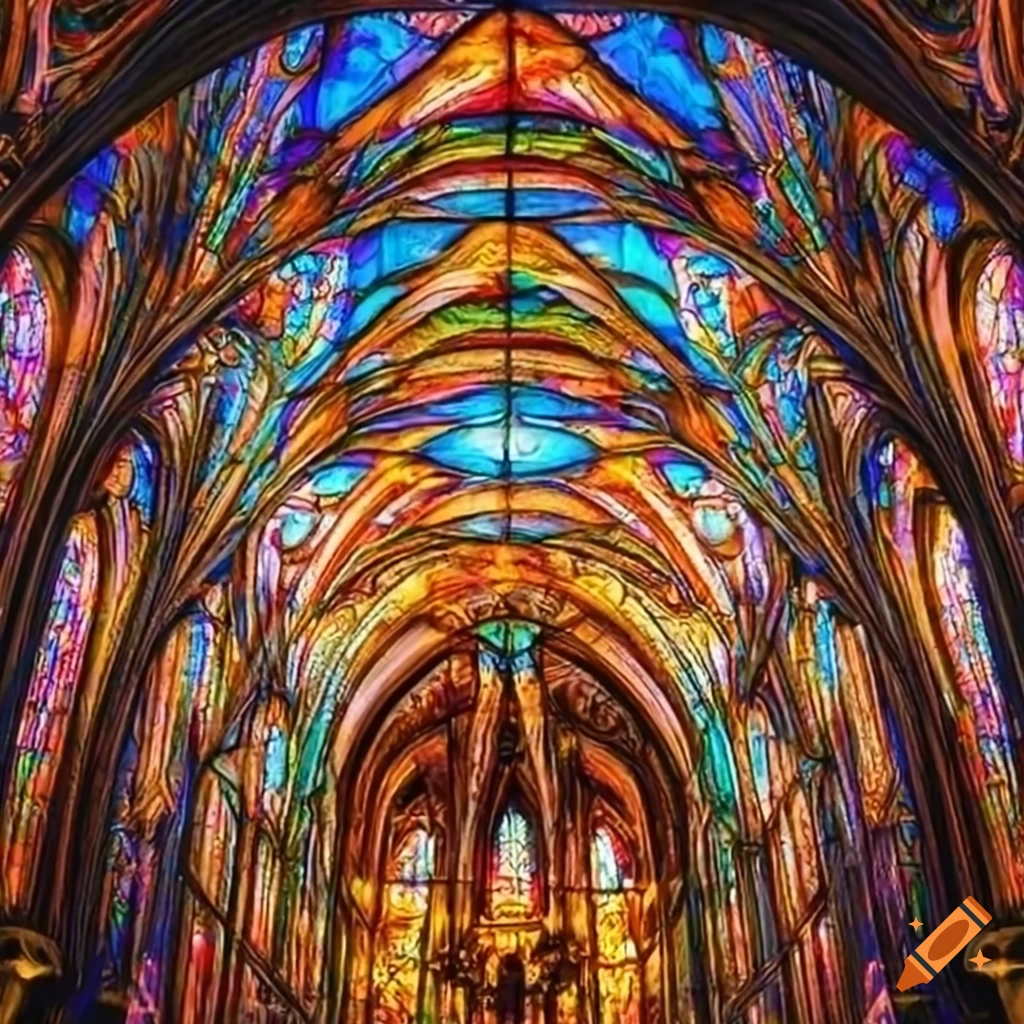 Interior of a grand church with vibrant stained glass windows and sun ...