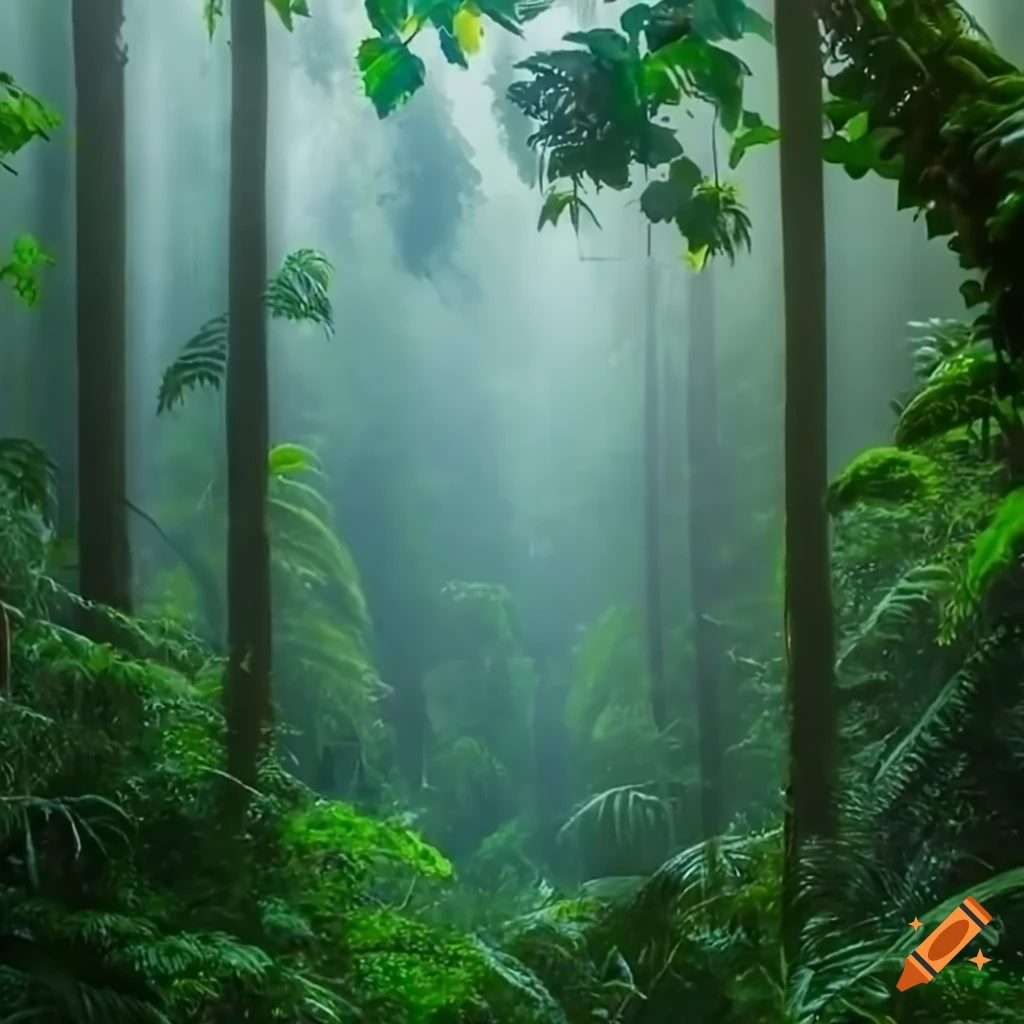 Morning in a tropical rainforest with mist and light rays on Craiyon