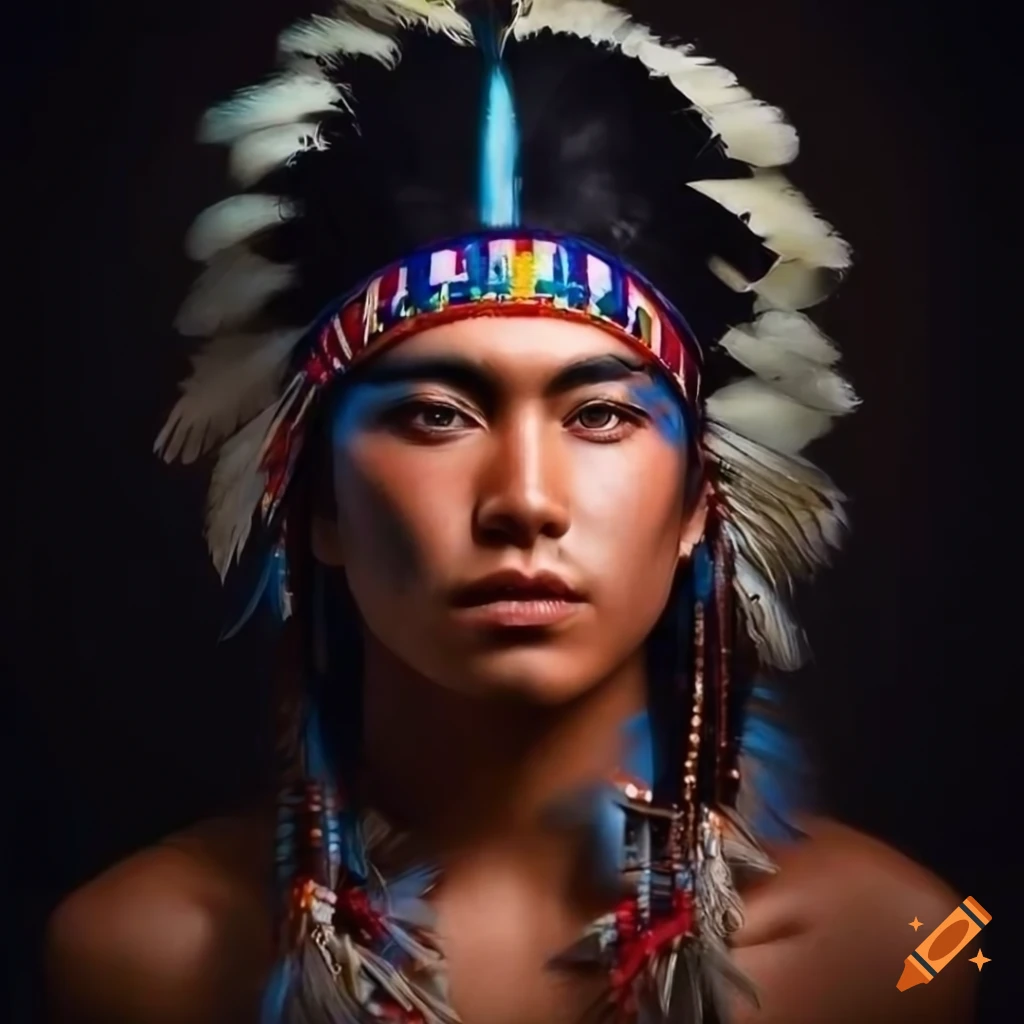 Portrait of a young native american man in traditional attire on Craiyon