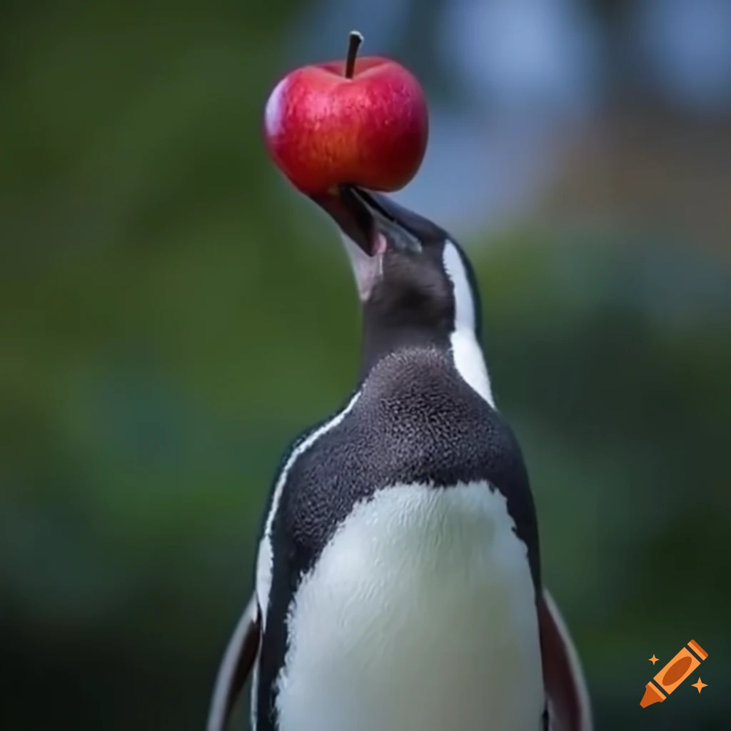 Cute penguin balancing a red apple on its head on Craiyon