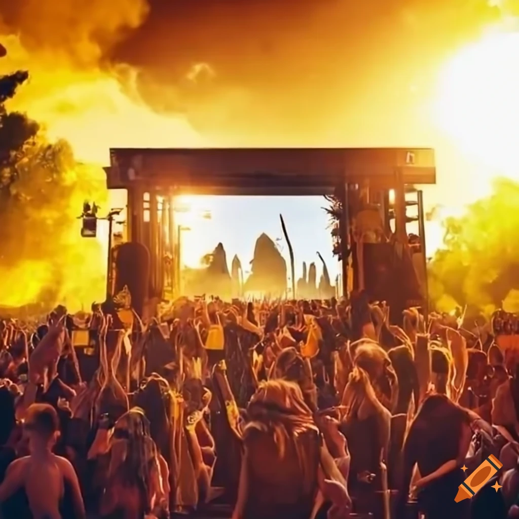Crowd enjoying an outdoor DJ festival on a sunny day on Craiyon