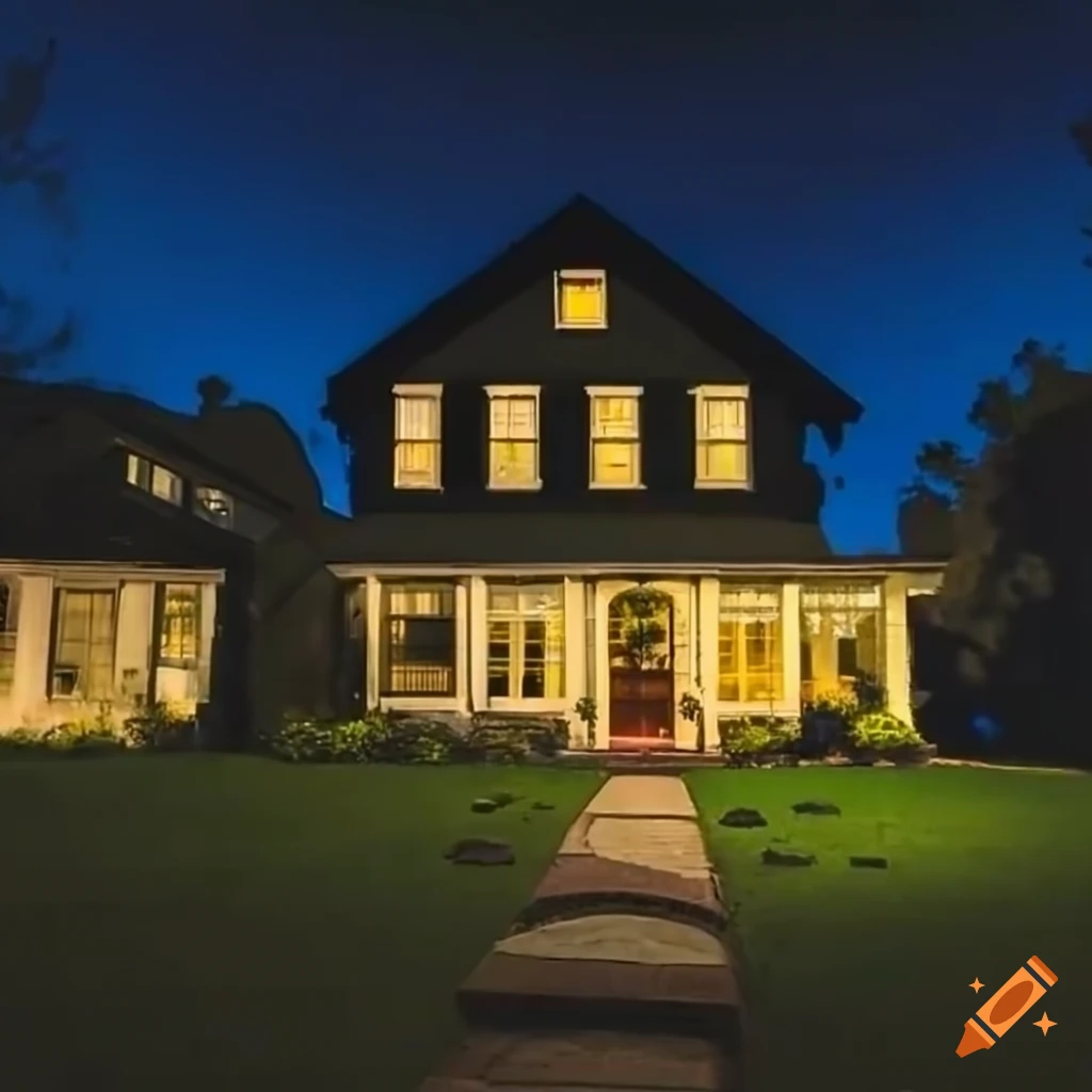 California style house in the night with a front yard and neighboring ...