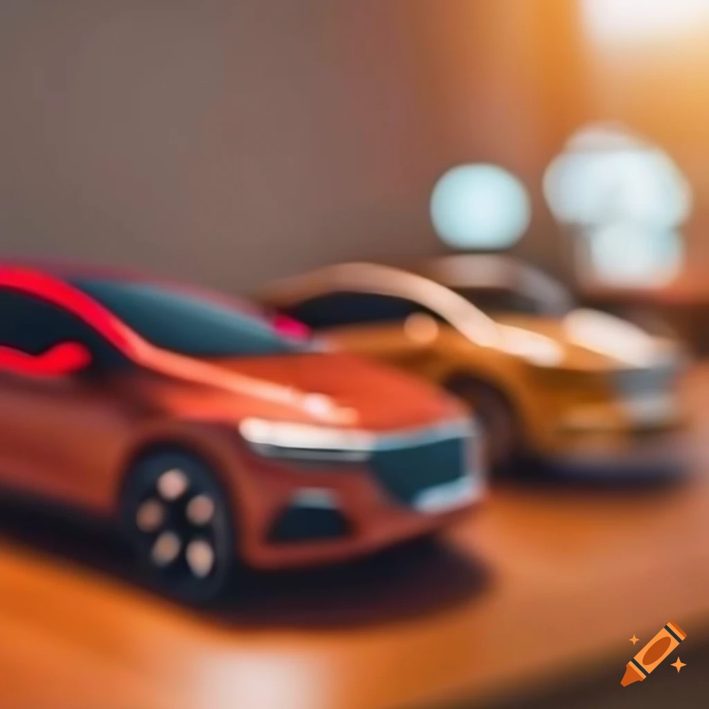 Modern office with warm colors and concept car models in background on ...