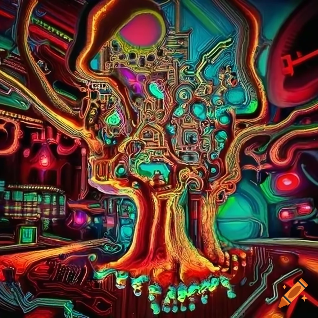 Psychedelic alien tree in tube art style with tropical plants in retro ...