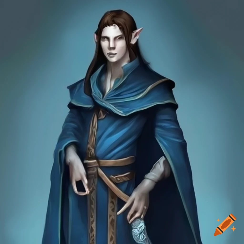 Male elf wizard in dark blue robes in a fantasy setting on Craiyon