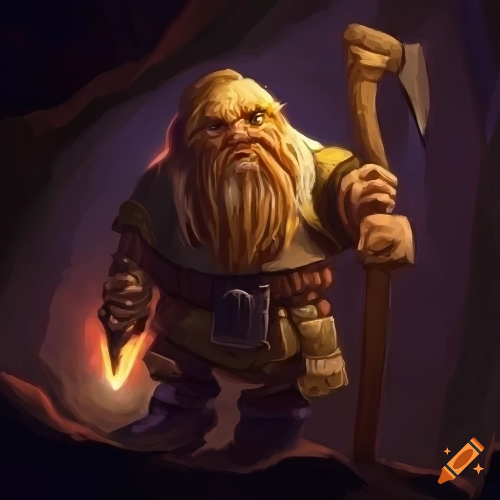 Dwarf miner using a pickaxe in a cave in fantasy art style on Craiyon