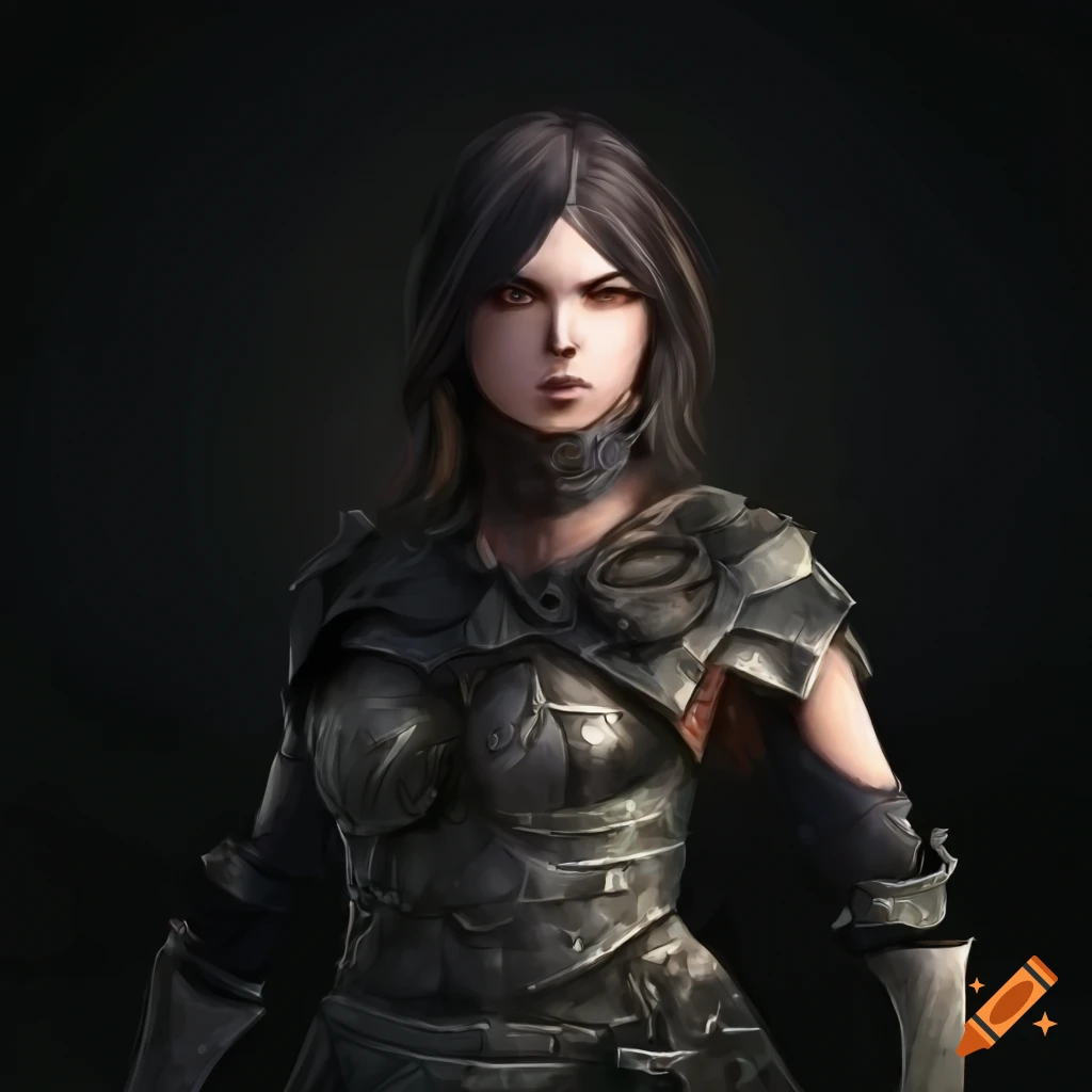 Female warrior in full armor with two short swords on Craiyon