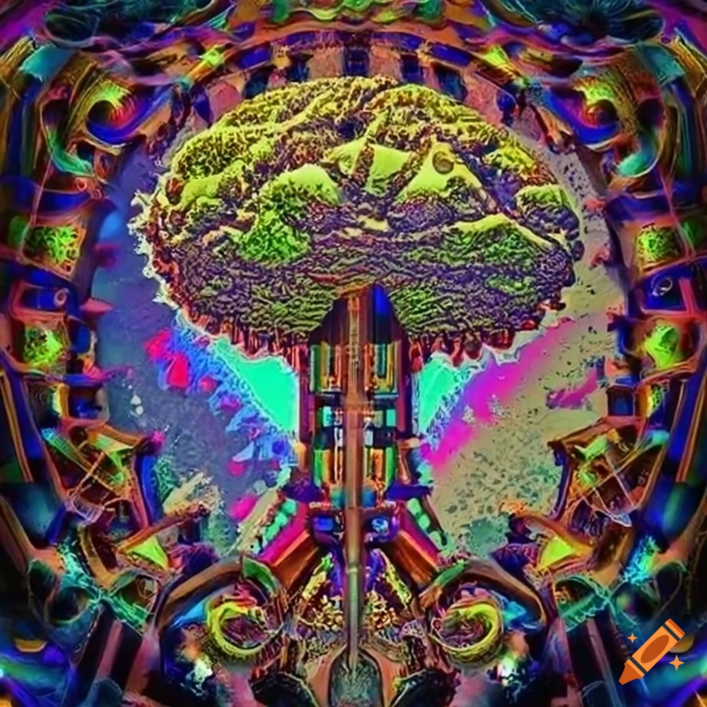 Psychedelic alien tree in tube art style with technical drawing of ...