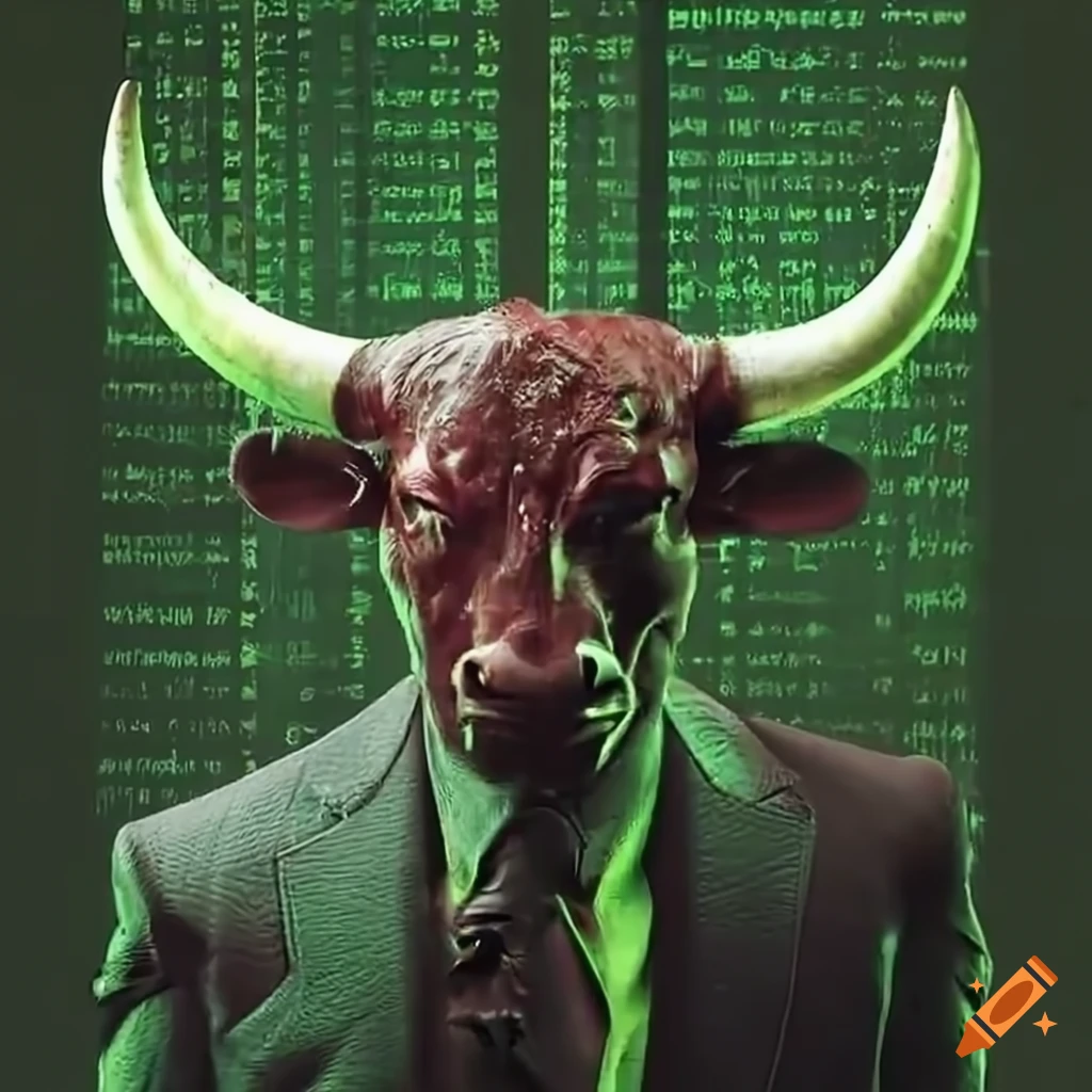 Bull with big horns hacking a computer in a matrix-like scene on Craiyon