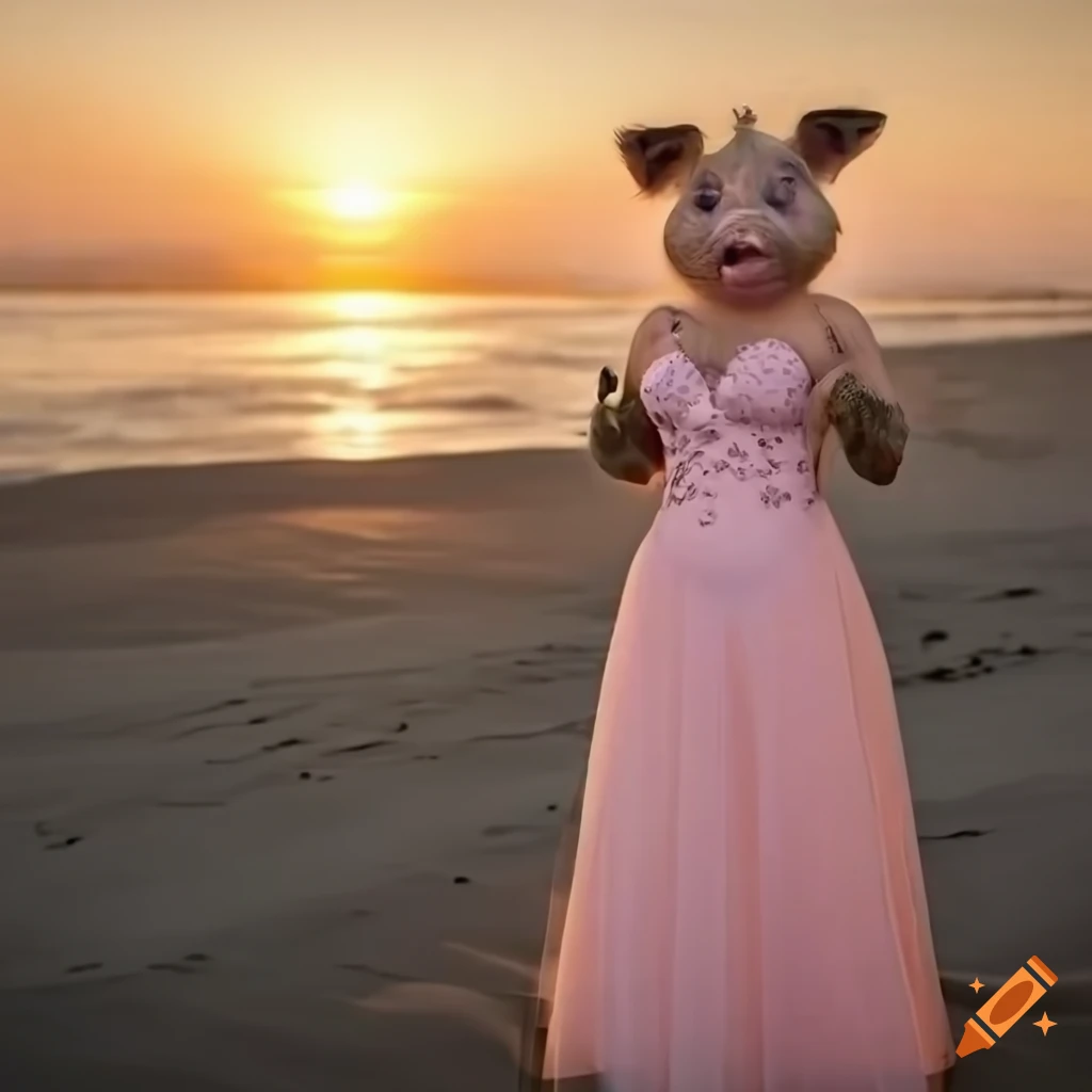 Female pig in a prom dress at the beach during golden hour on Craiyon
