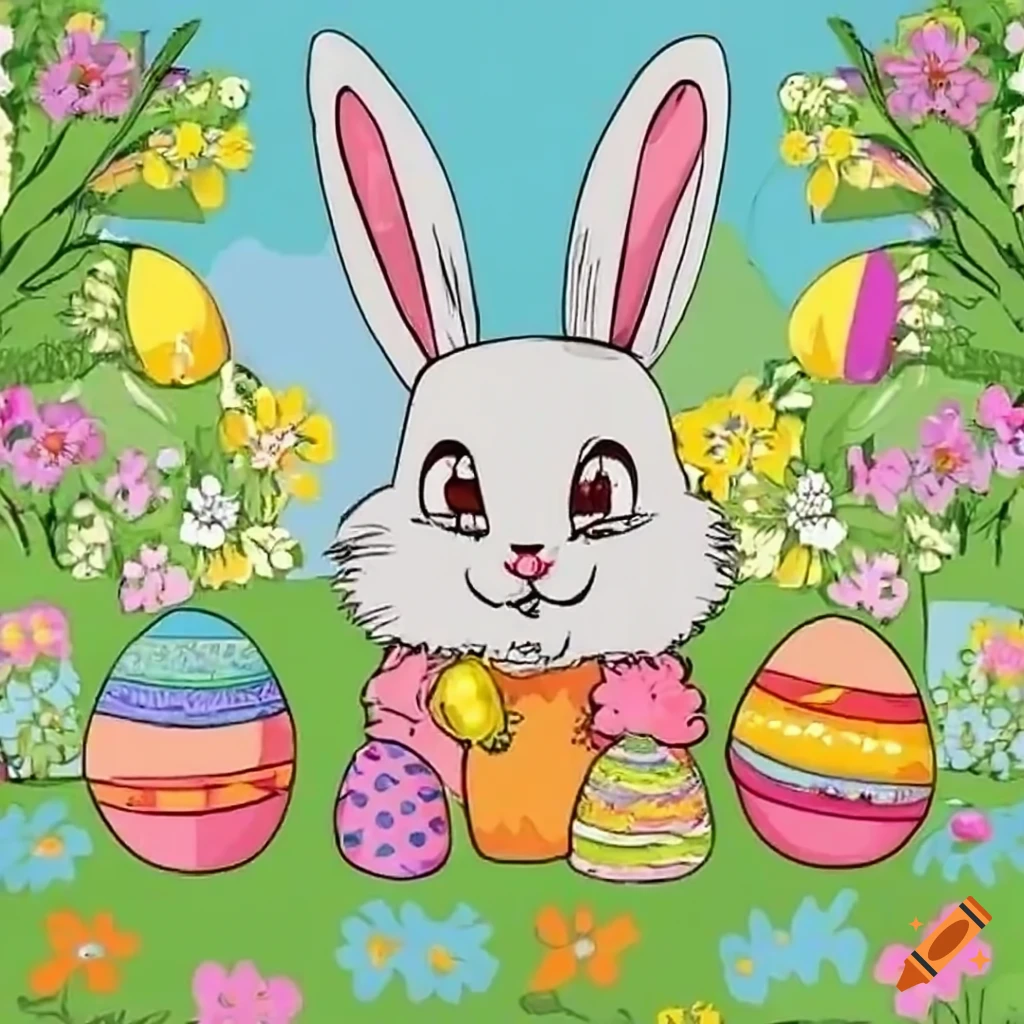 Fluffy Easter bunnies gathering decorated eggs in a spring meadow on ...