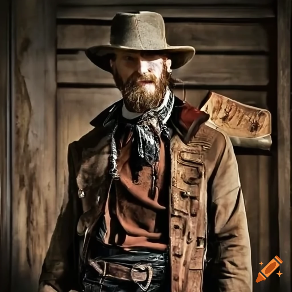 Tom hardy portraying a rugged western outlaw outside a saloon on Craiyon