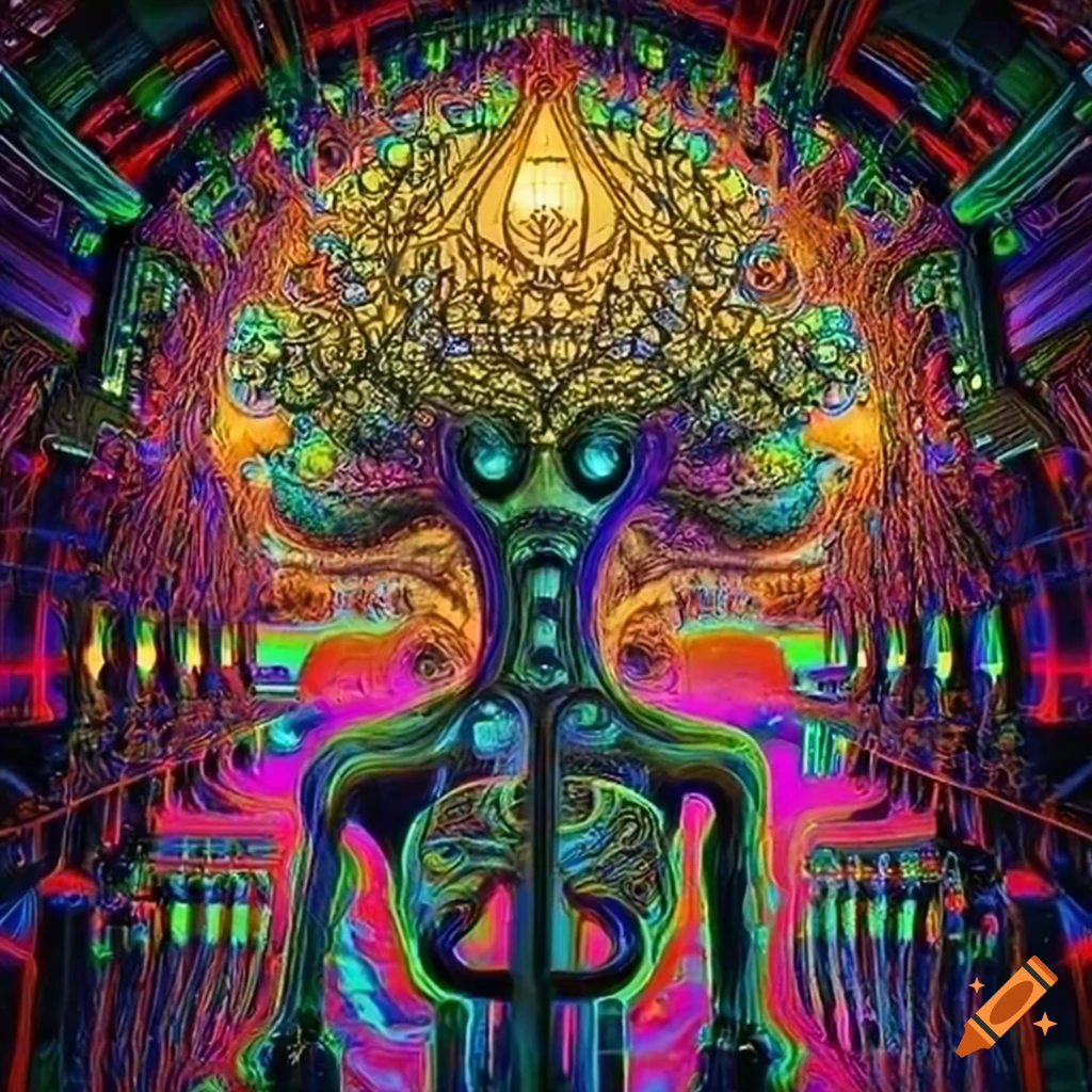 Psychedelic alien tree in tube art with electronic circuit board details on Craiyon