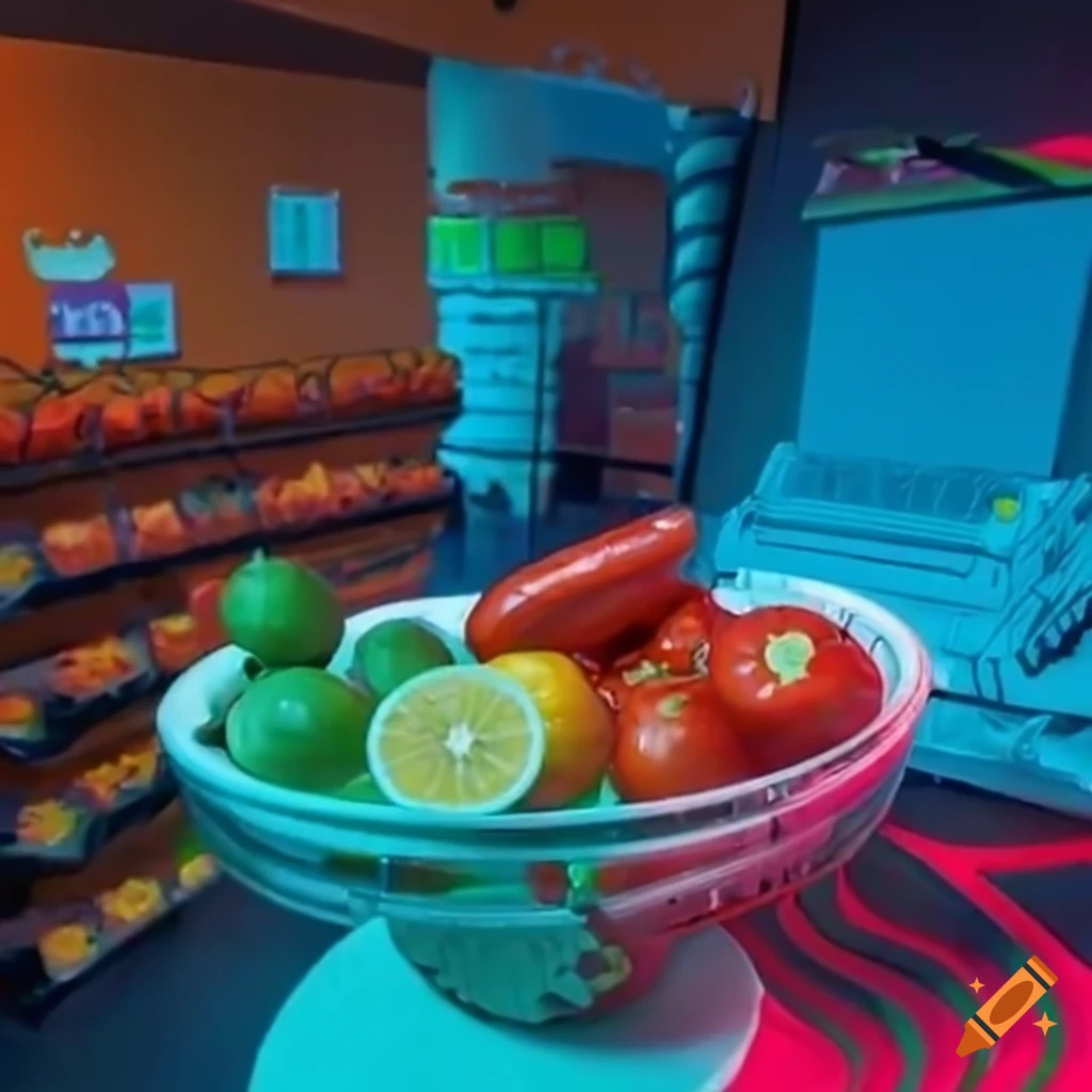 Omega mart, lemons, killer tomatoes in a city battle scene on Craiyon