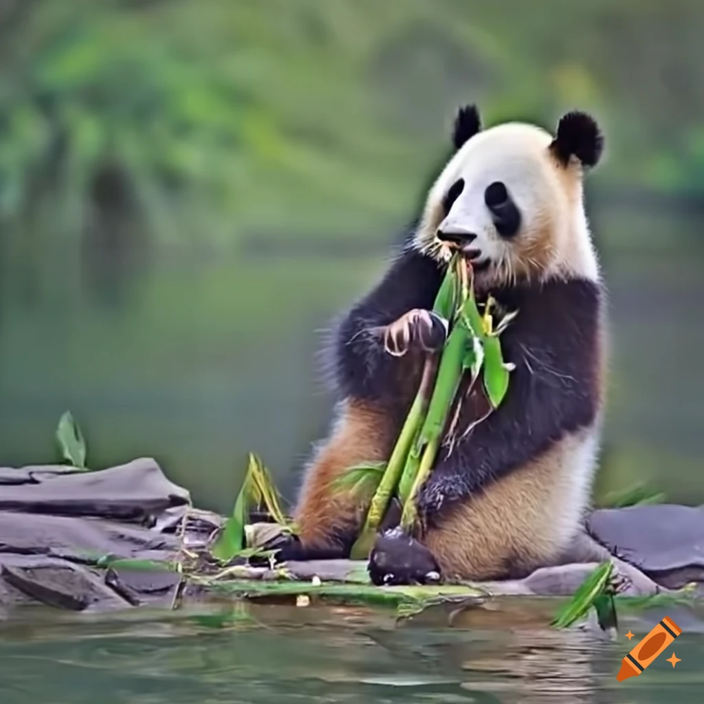 Panda eating bamboo on the riverbank on Craiyon