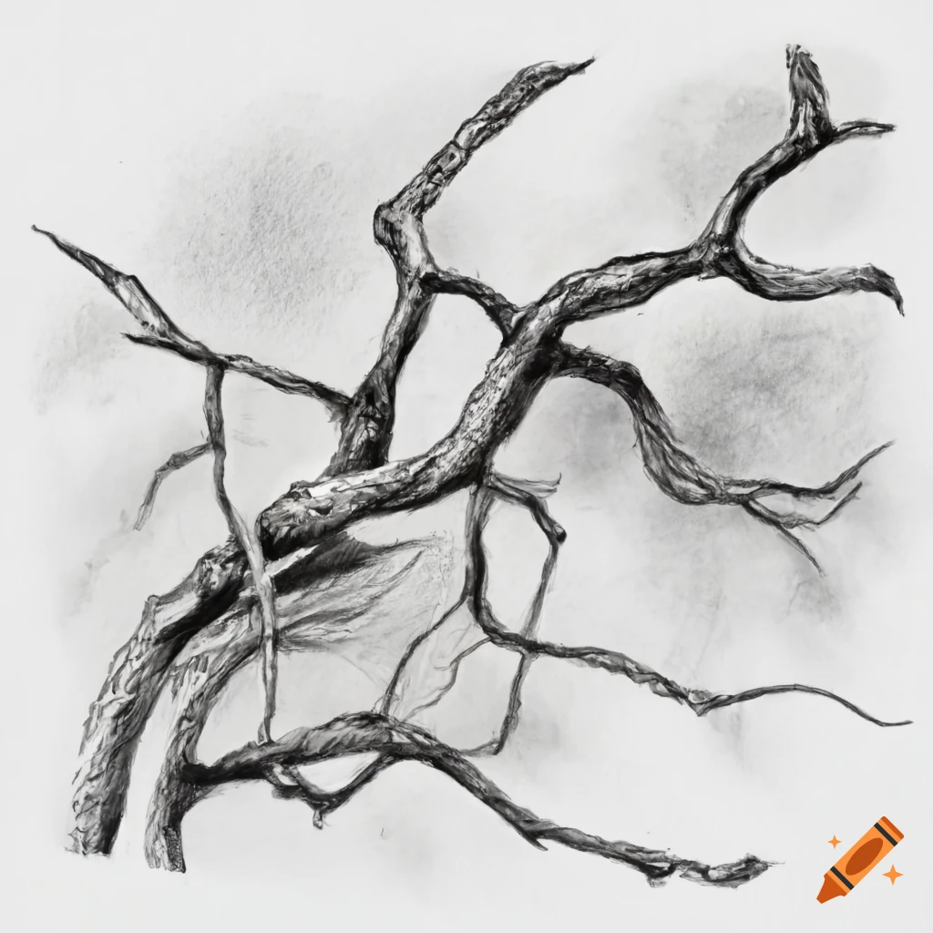 Tree branch charcoal drawing in black and white on Craiyon