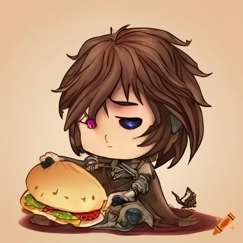 Chibi art of a Male Skyrim character stabbing a sandwich on Craiyon